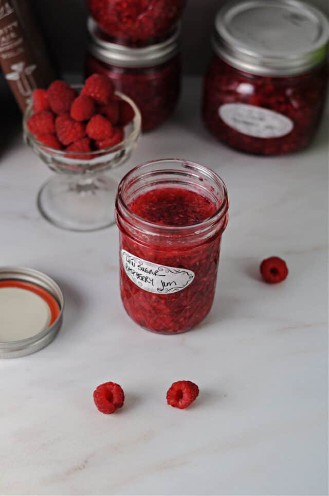 Low Sugar Raspberry Freezer Jam - Ovenspiration
